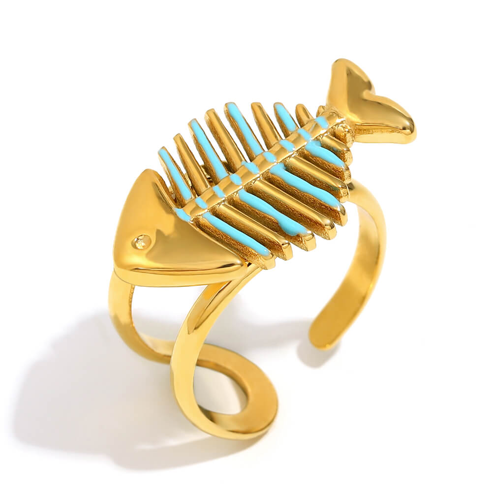 Gold & Turquoise Fish Skeleton Ring – Pineal Vision Jewelry